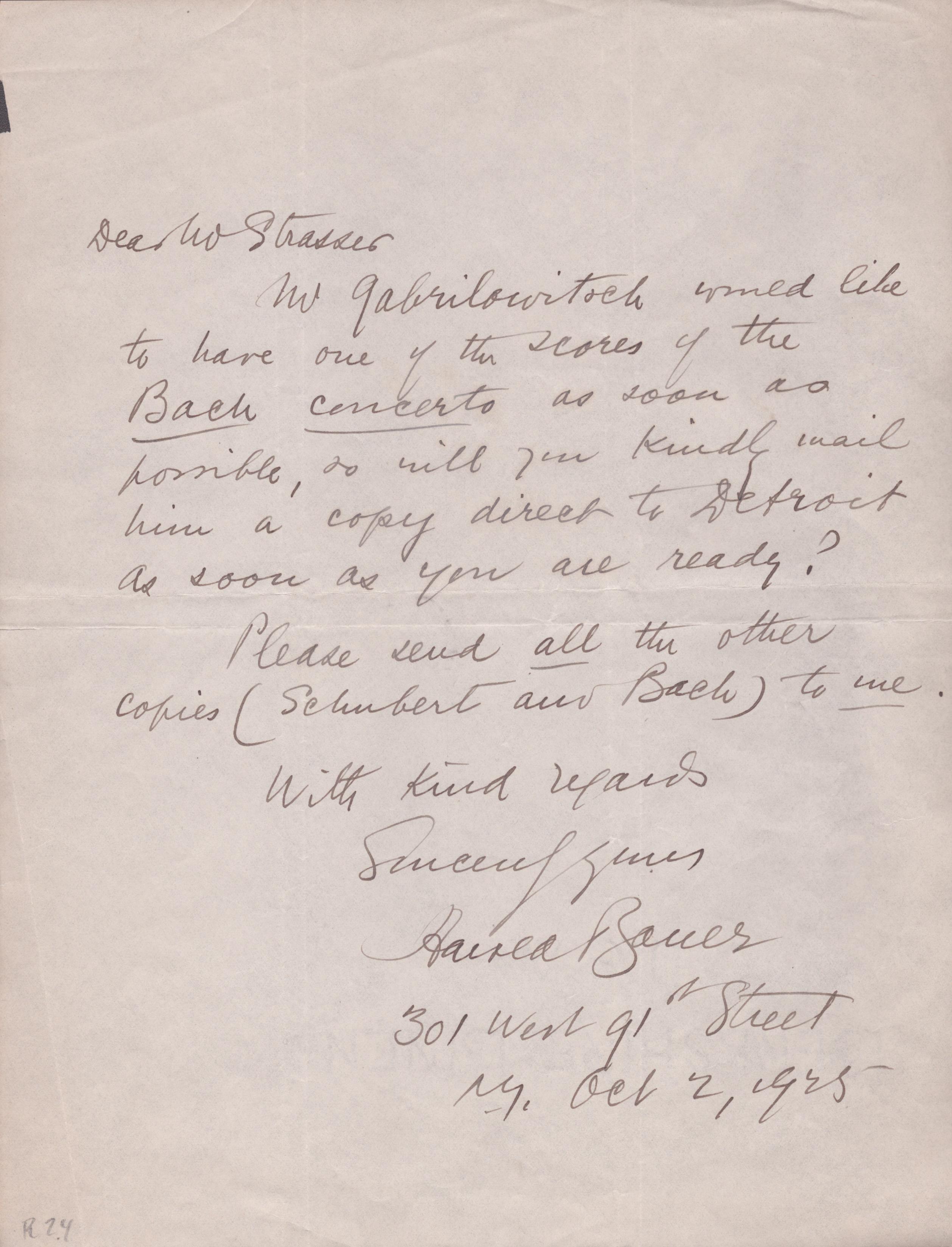 Bauer, Harold - Autograph Letter Signed