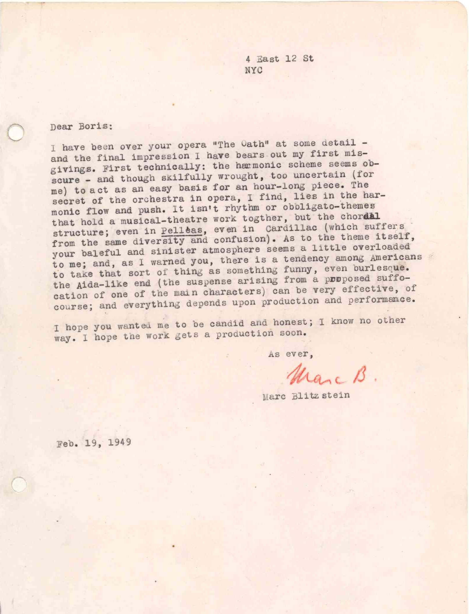Blitzstein, Marc - Typed Letter Signed