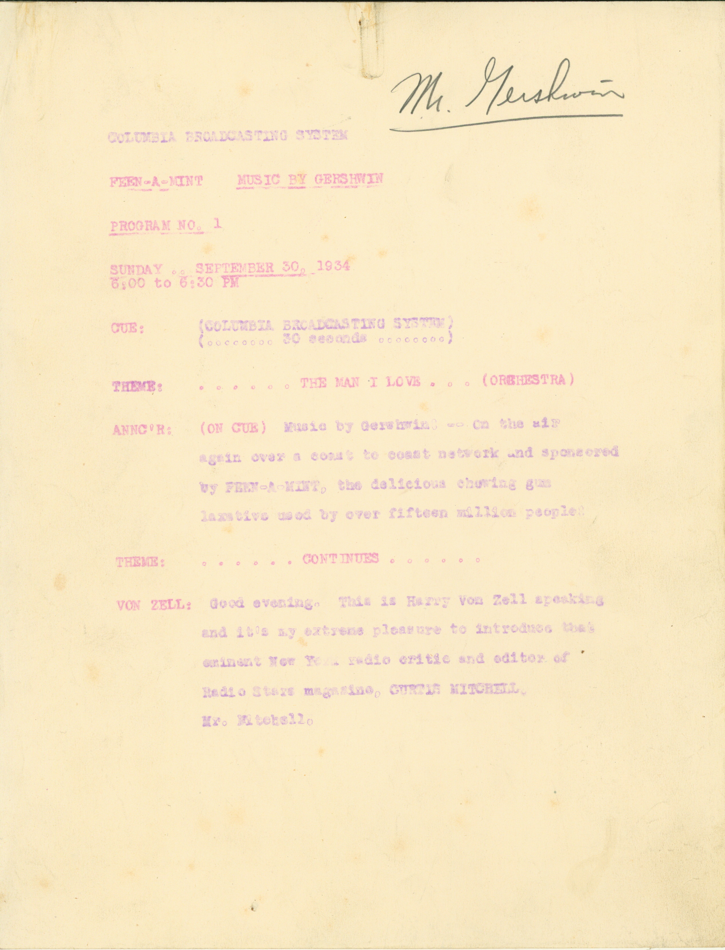 Gershwin, George - Typed Radio Script with Gershwin's Corrections.